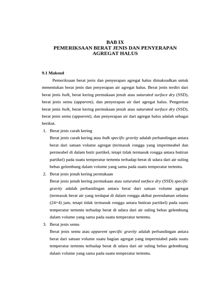 Bab Ix Pemeriksaan Berat Jenis Dan Penyerapan Agregat Halus | PDF
