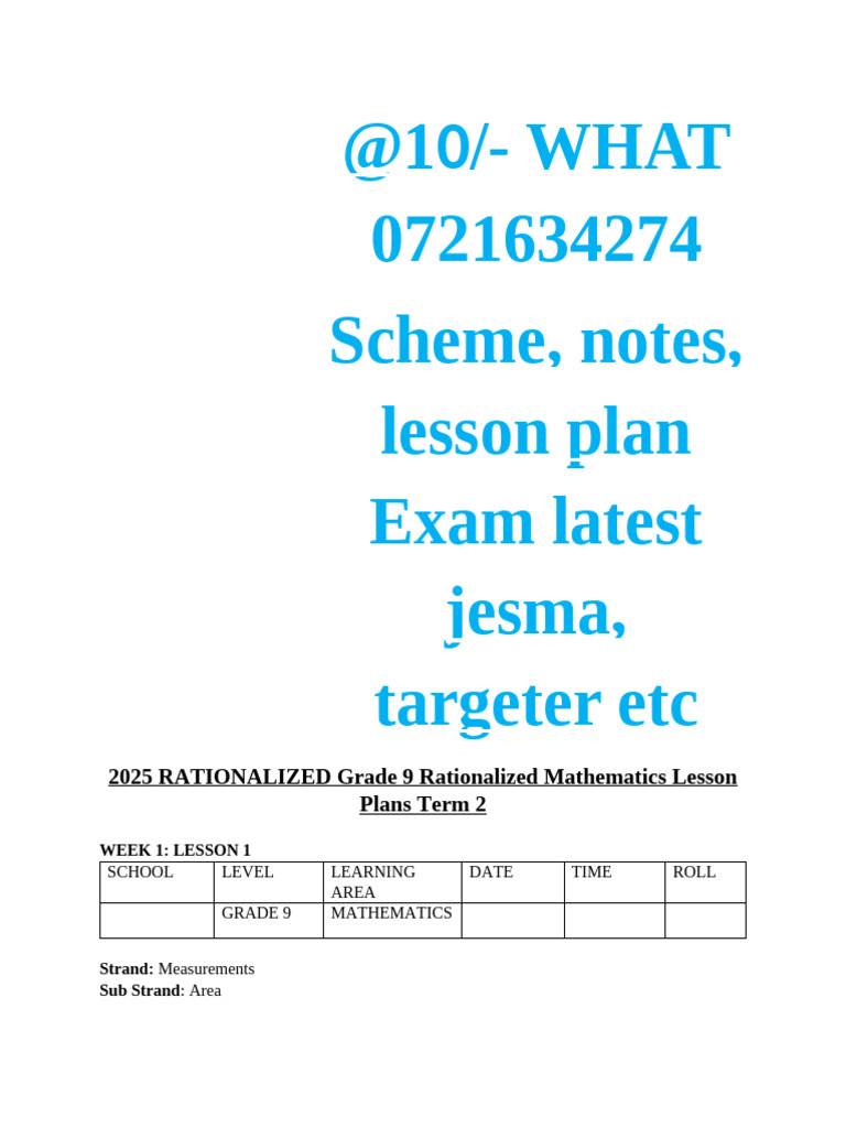 Grade 9 Rationalized Mathematics Lesson Plans Term 2 | PDF | Area ...