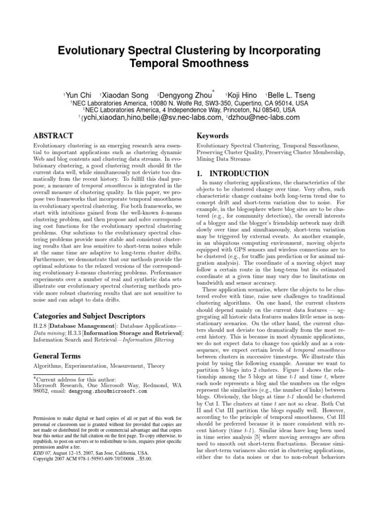 Evolutionary Spectral Clustering by Incorporating Temporal Smoothness. | PDF | Cluster Analysis ...