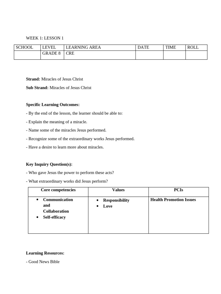 Grade 8 CRE Term 2 Lesson Plans | PDF | Learning | Jesus