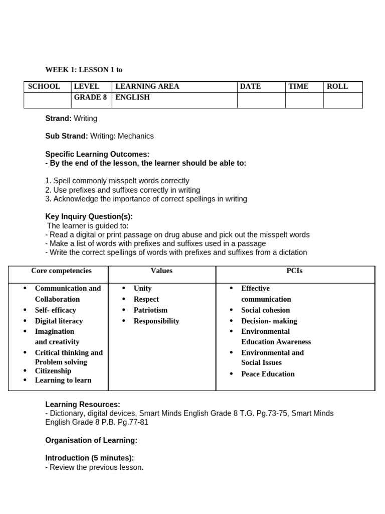 Grade 8 English Lesson Plans Overview | PDF | Learning | Reading ...