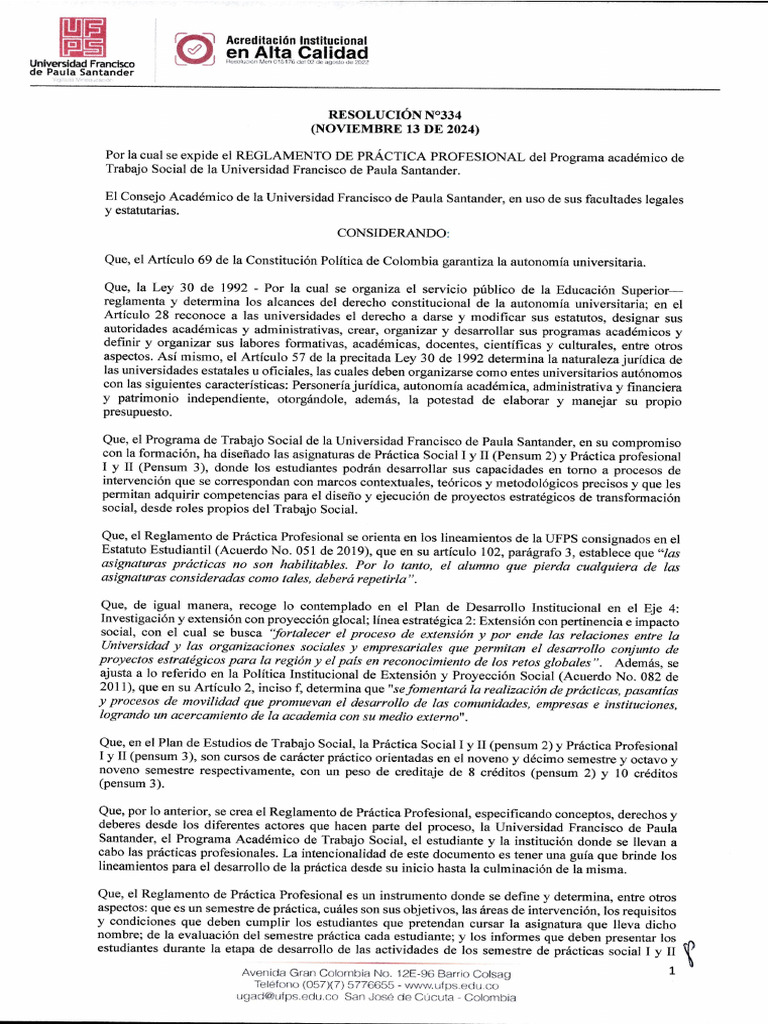 Reglamento de Práctica Profesional Resolución N°334 13 11 2024 | PDF
