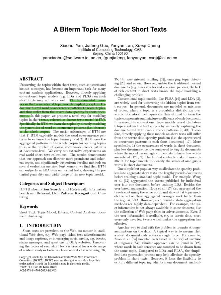 A Biterm Topic Model for Short Texts | PDF | Statistical Models | Applied Mathematics