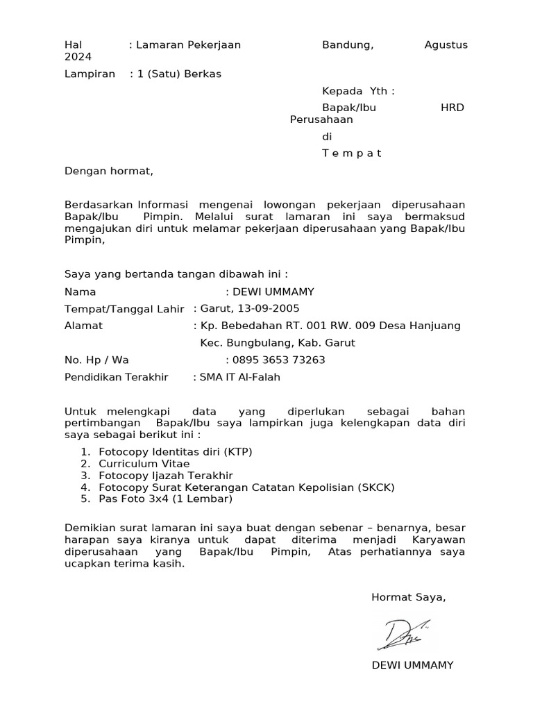 Lamaran & Cv Dewi Ummamy | PDF