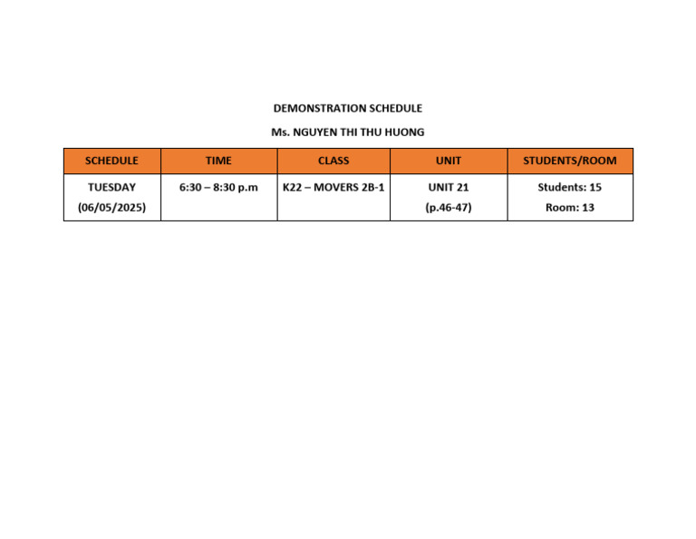 Demonstration Schedule for K22 Movers | PDF