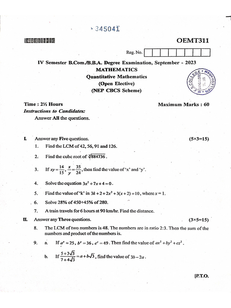Iv Sem Nep Oe Mathematics Oemt311 | PDF
