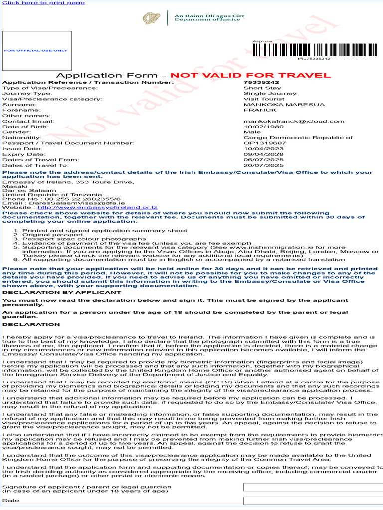 Application Form - NOT VALID FOR TRAVEL | PDF | Travel Visa ...