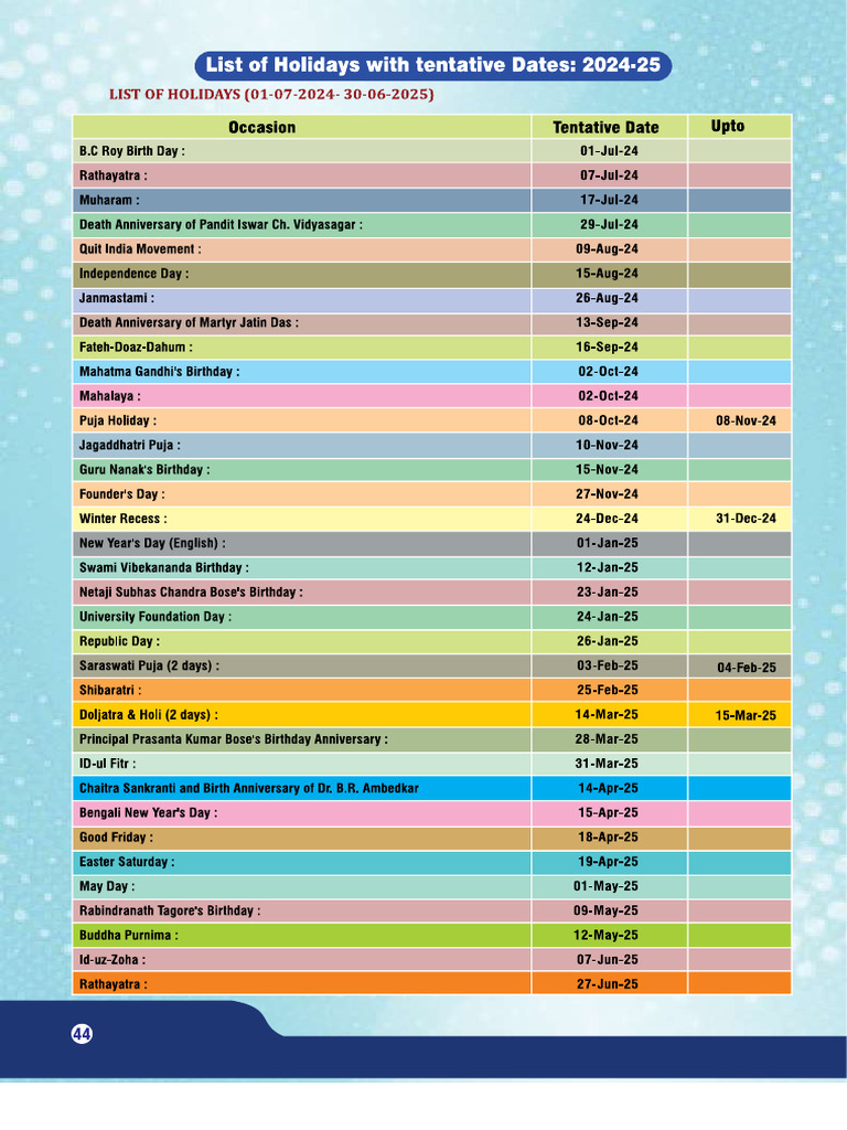 List of Holidays 2024-25 | PDF
