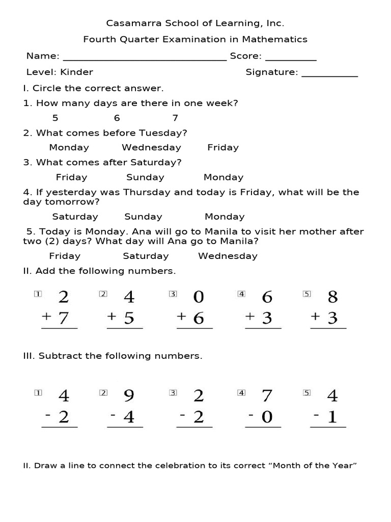 Fourth Quarter Exam in Mathematics - Kinder | PDF