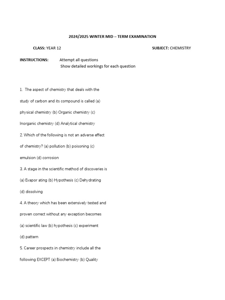 Đề Thi Hóa Giữa Kỳ 1 Lớp 12 | PDF | Chemistry | Chemical Substances