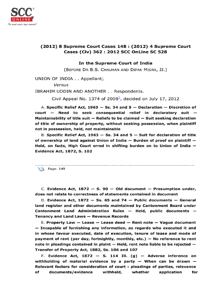 Union of India v. Ibrahim Uddin, (2012) 8 SCC 148 | PDF | Courts | Governance