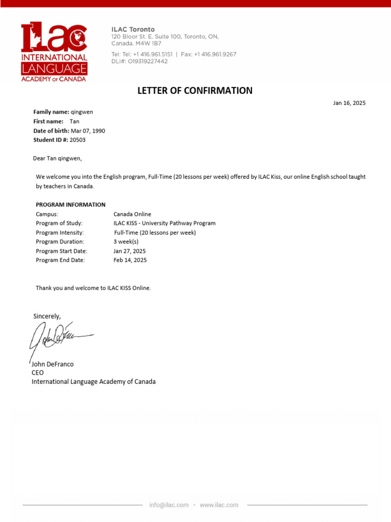 ILAC KISS Online English Program Confirmation | PDF