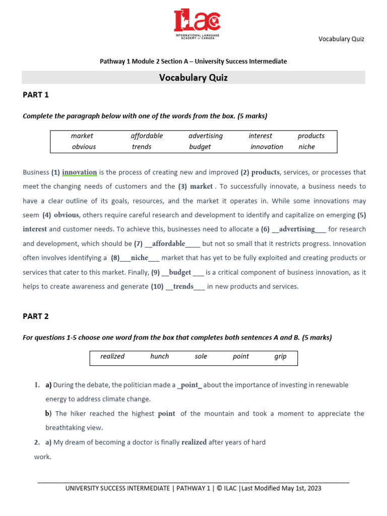 Pathway 1 Module 2 Section a - Vocabulary Quiz (1) | PDF | Innovation