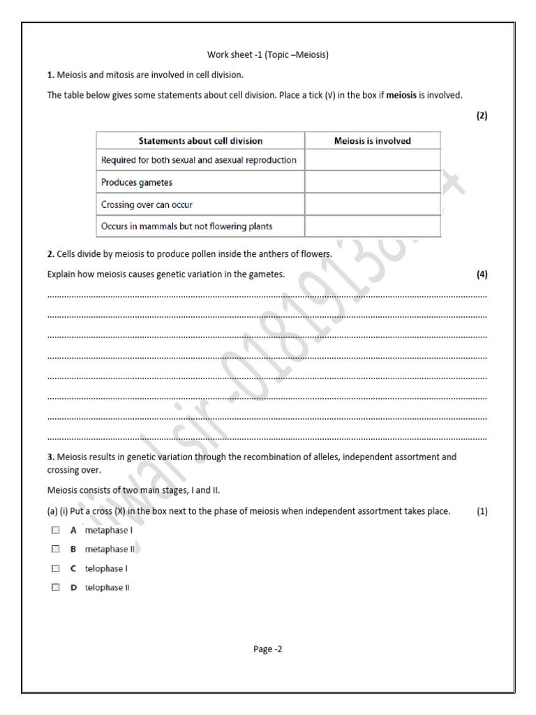 Work sheet -1(Topic -Meiosis) | PDF | Meiosis | Reproduction