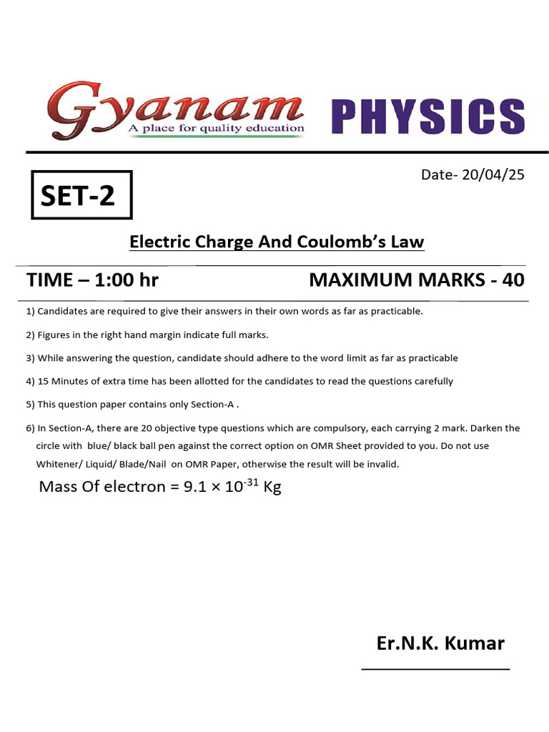 Electric Charge and Coulombs Law - C.B.S.E | PDF | Force | Electron