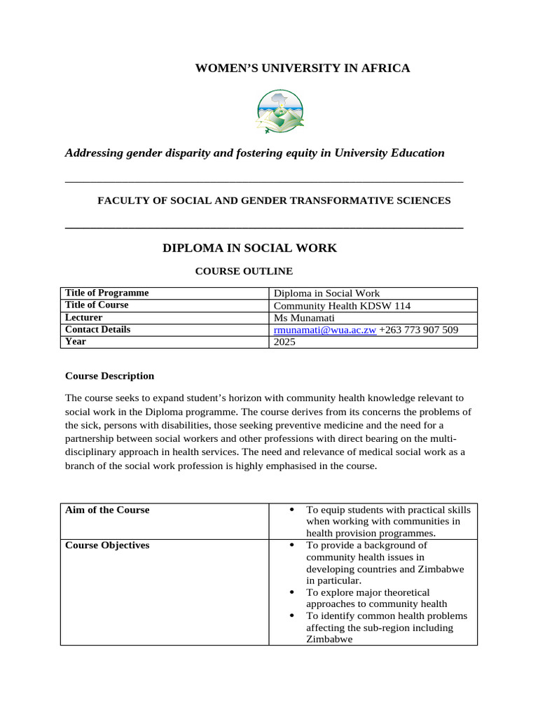 Community Health Course outline KDSW 114 | PDF | Social Work | Infection