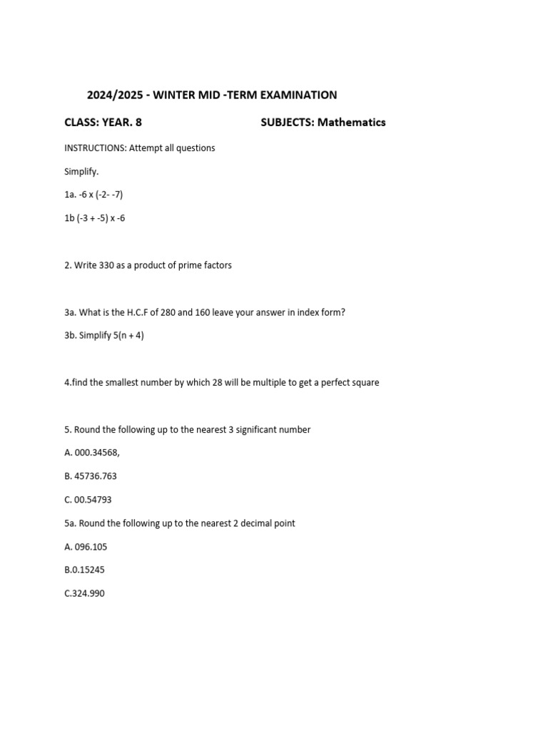 Year 8 Mathematics Winter Mid-Term Test | PDF