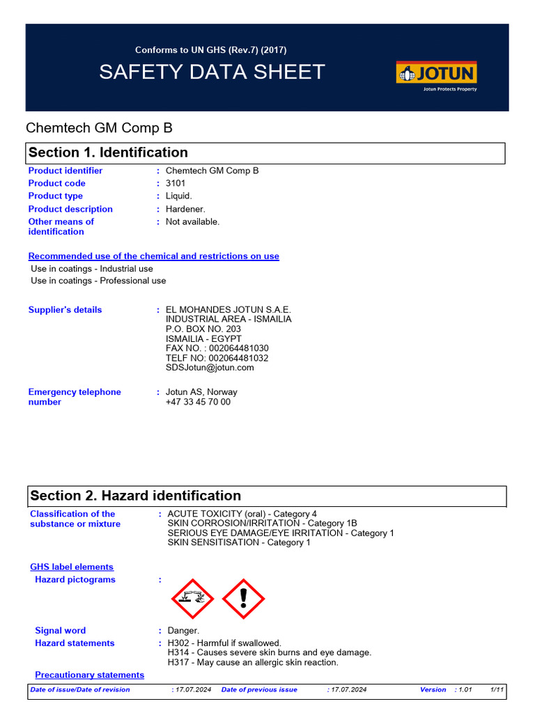 SDS¤3101¤Chemtech GM Comp B¤Euk¤EG | PDF | Toxicity | Personal ...