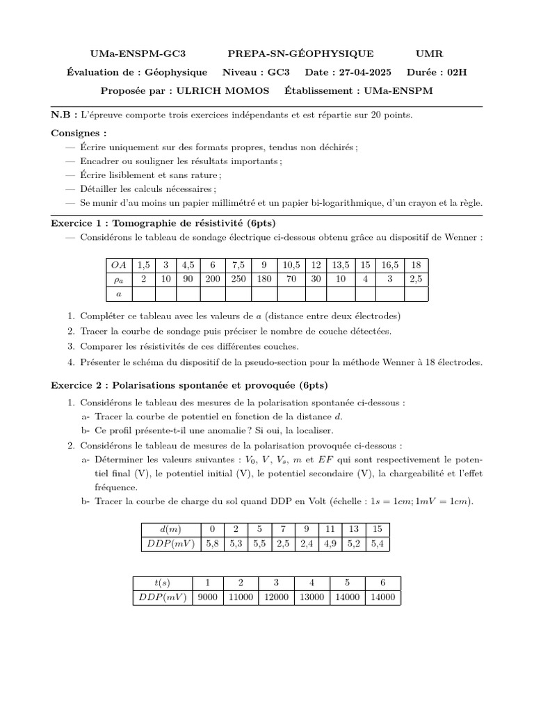 Évaluation de géophysique GC3 - UMa-ENSPM | PDF