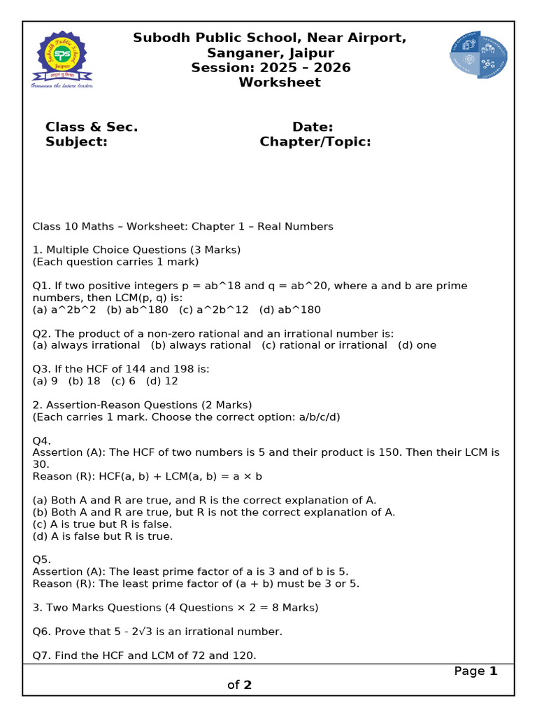 Chapter 1 Real Numbers Worksheet | PDF | Rational Number | Mathematical ...
