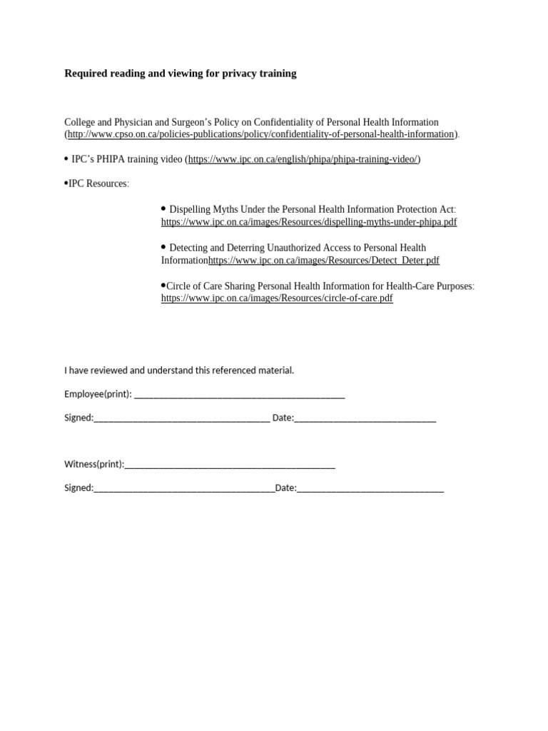Required Reading and Viewing For Privacy Training For Employees | PDF