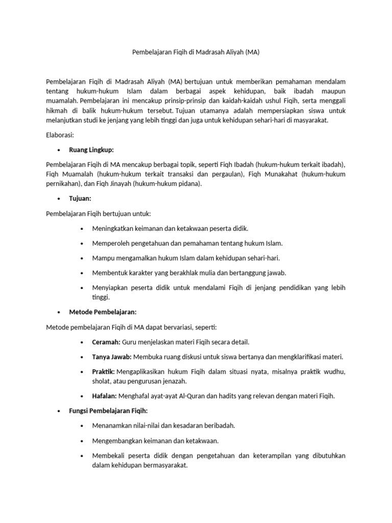 Pembelajaran Fiqih di Madrasah Aliyah (MA) | PDF