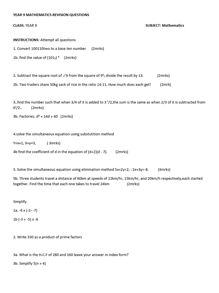 Year 9 Mathematics Revision Questions | PDF