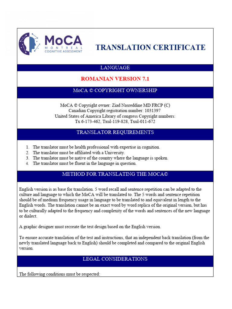 MoCA Translation Certificate - Version 7 Romanian | PDF | Translations ...