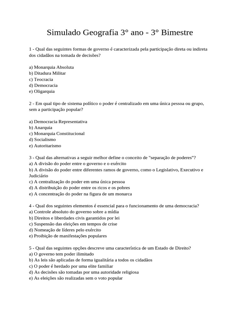 Simulado Geografia 3° Ano - 3° Bimestre | PDF