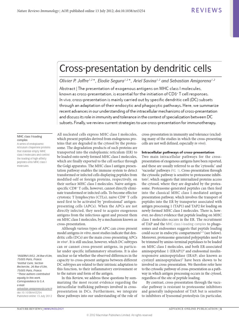 Joffre-2012-Cross Presentation in DCs-NRI | PDF | Mhc Class I ...