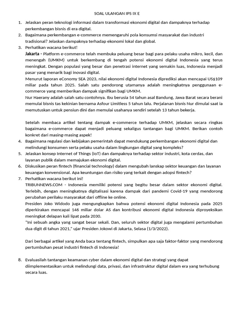 SOAL ULANGAN IPS IX E VIII B 21 Januari 2025 | PDF