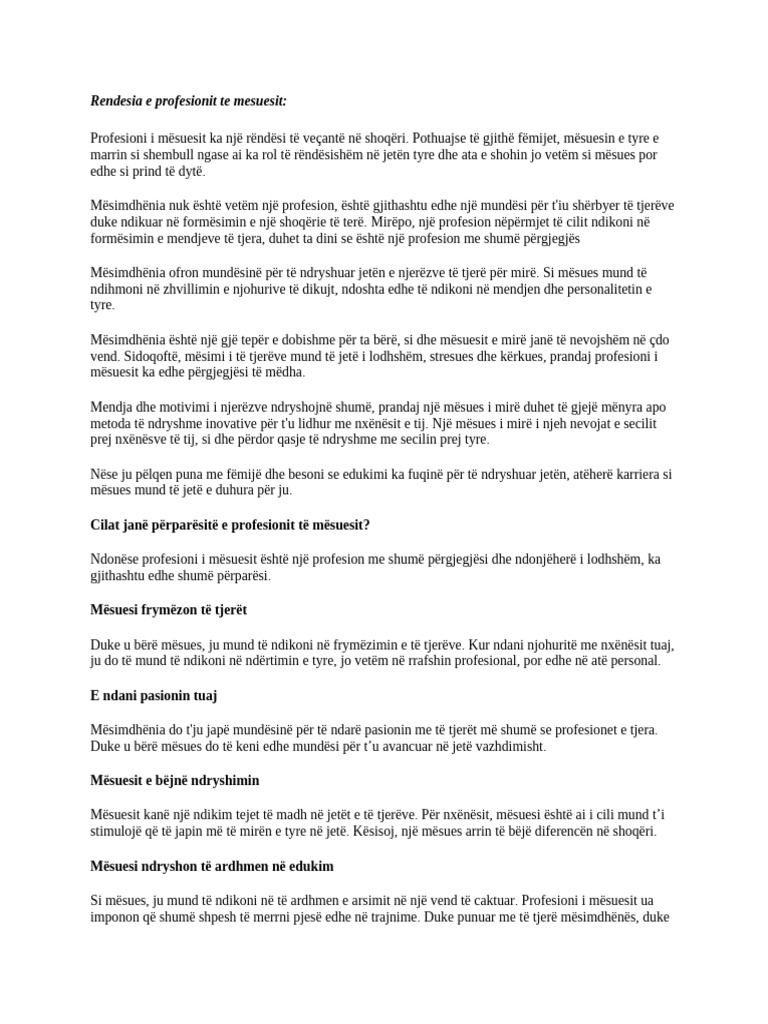 Rendesia e Profesionit Te Mesuesit Project Vleresim | PDF