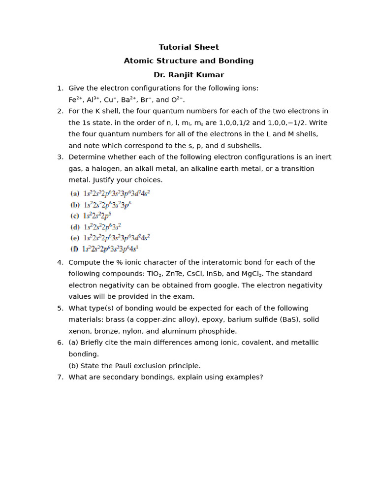 Tutorial Sheet-Atomic Structure and Bonding | PDF