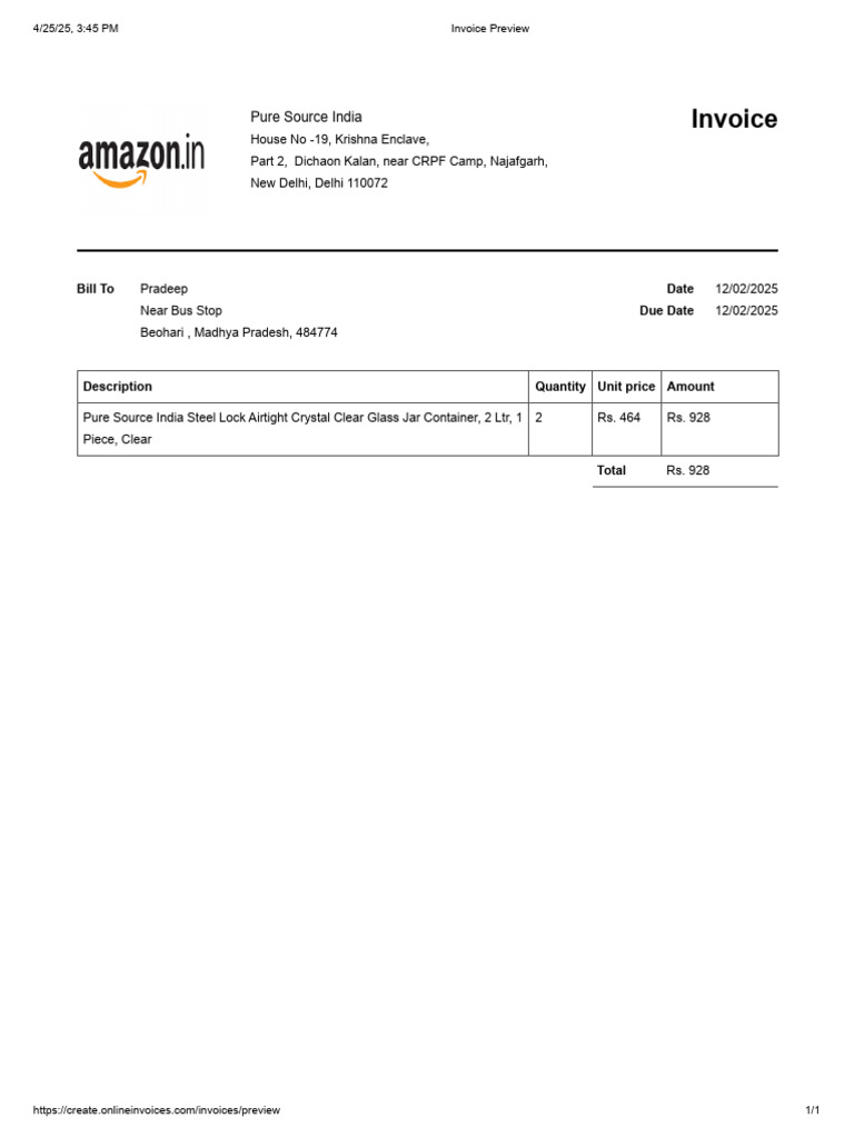 Invoice: Pure Source India | PDF