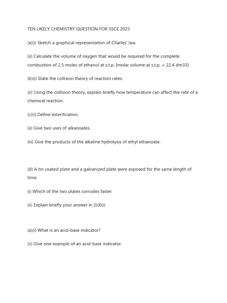 Ten Likely Chemistry Question For Ssce 2025 | PDF | Redox | Chemical Reactions