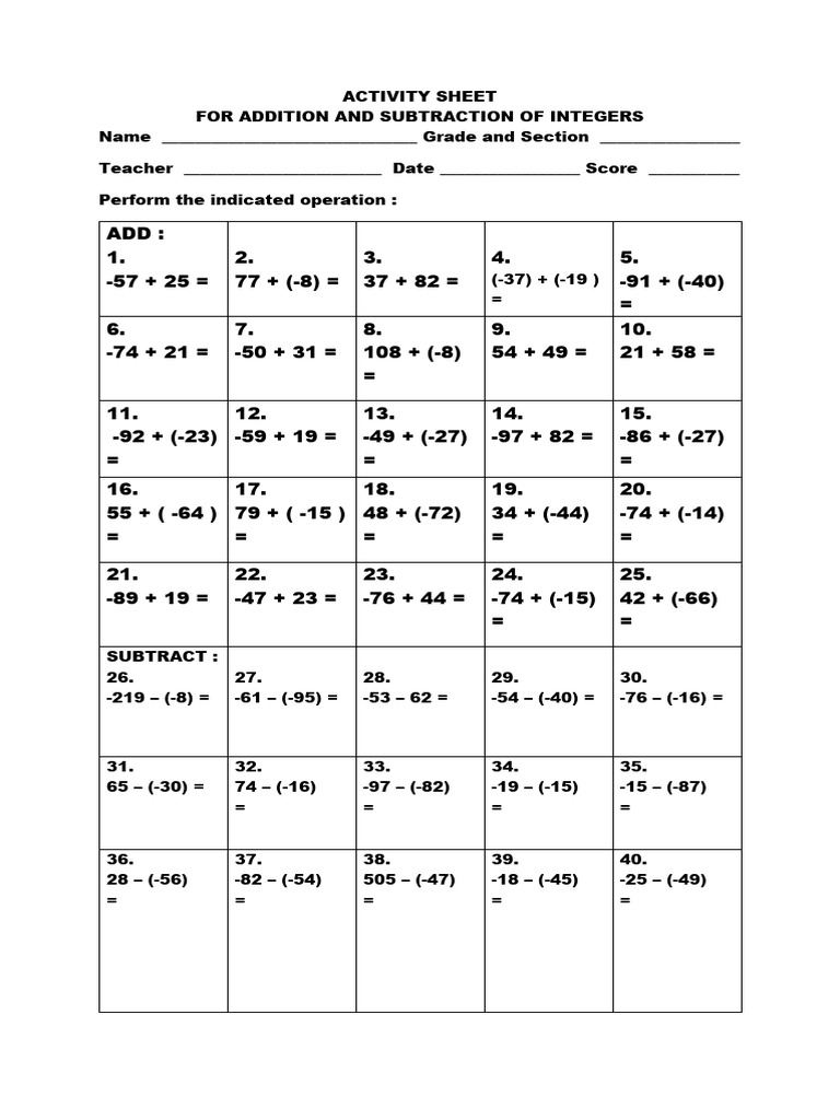 Integer Addition and Subtraction Quiz | PDF