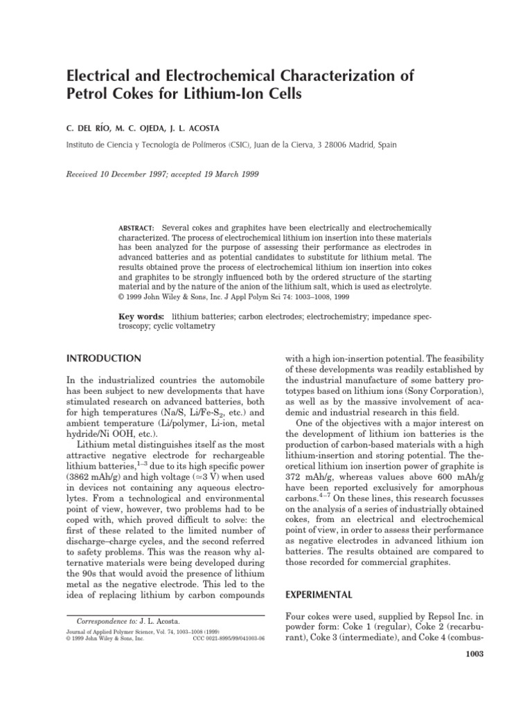 Electrical and Electrochemical Characterization of Petrol Cokes For ...