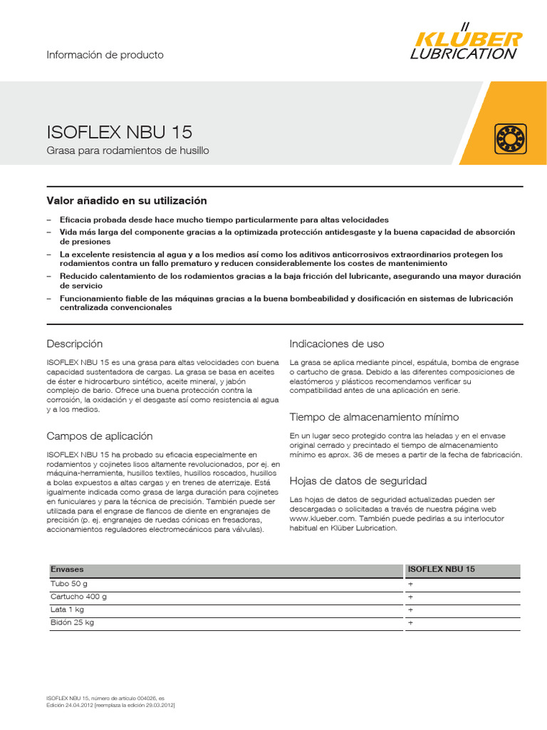 KLUBER - ISOFLEX - NBU - 15 - ES - Es | PDF | Rodamiento (Mecánico) | Materiales