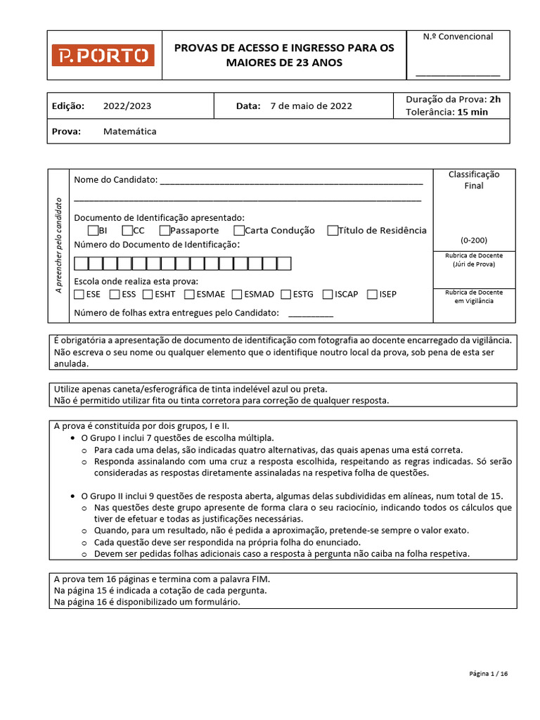 Prova Maiores23 2022 Isep | PDF | Matemática