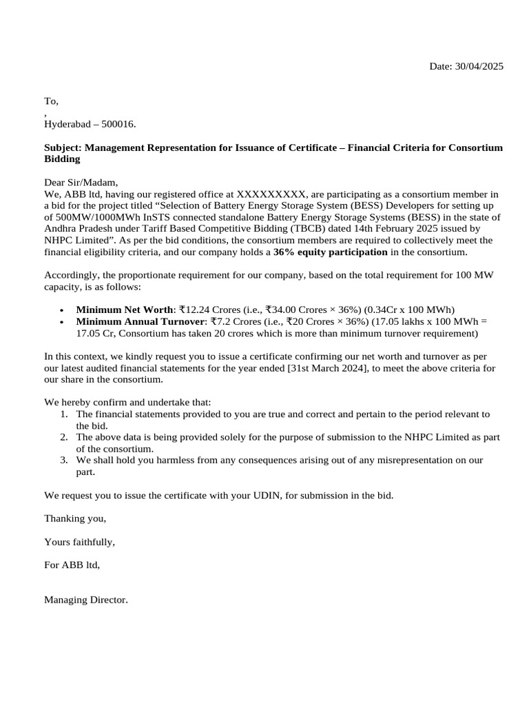MRL Certificate Request for Consortium Bid | PDF