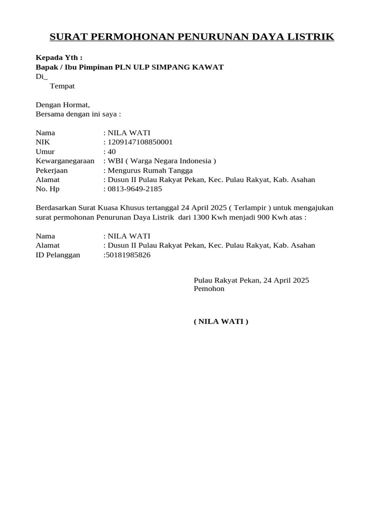 Surat Permohonan Penurunan Daya Listrik | PDF