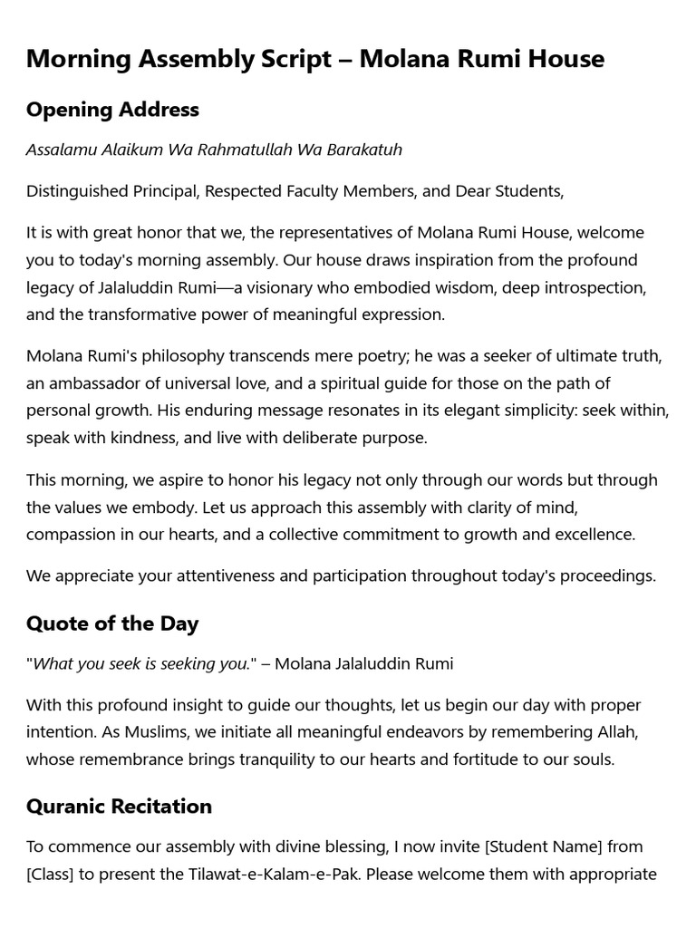 Professional Morning Assembly Script - Molana Rumi House | PDF | Rumi ...