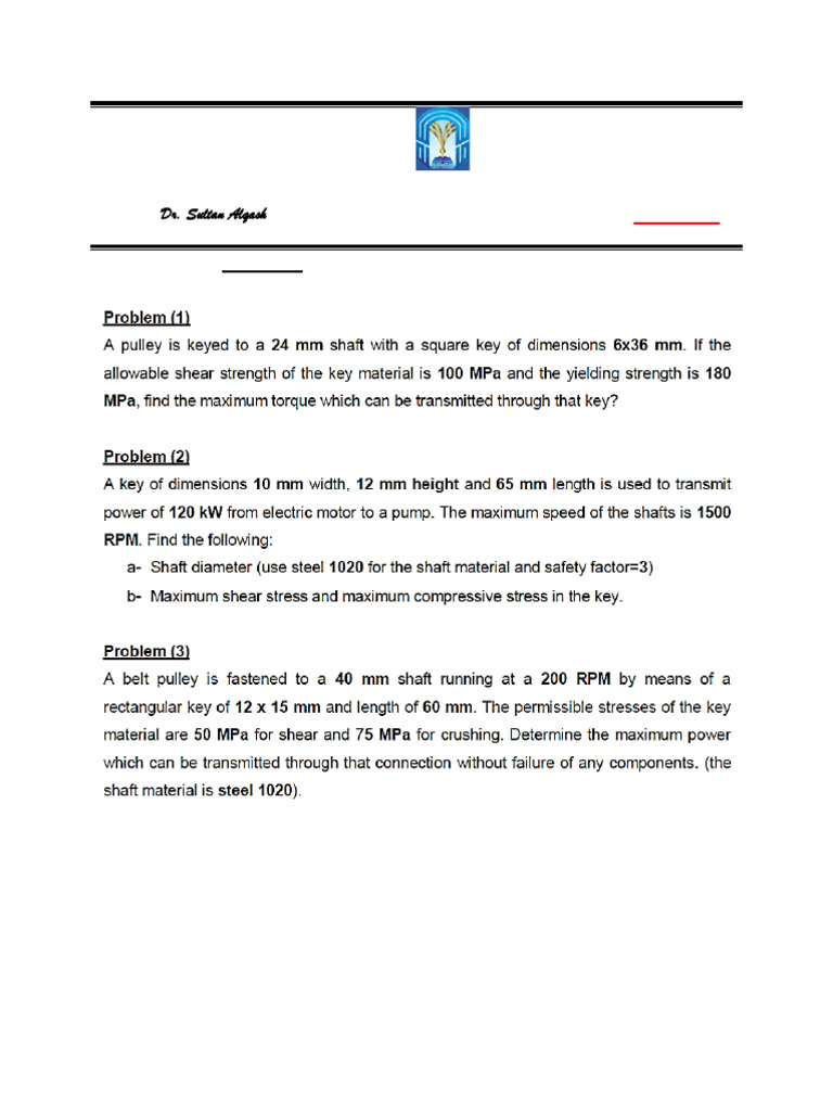 Sheet (2) Couplings and Keys Design Maintenance | PDF