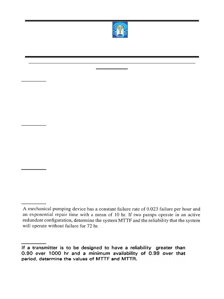 Sheet 4 Relibility Of Components And Systems Under Maintenance Pdf