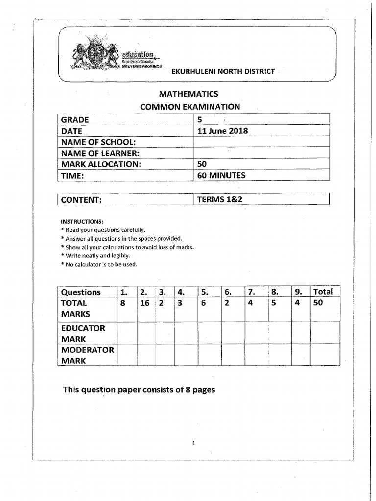 Gr5 - June Exam 2018 | PDF