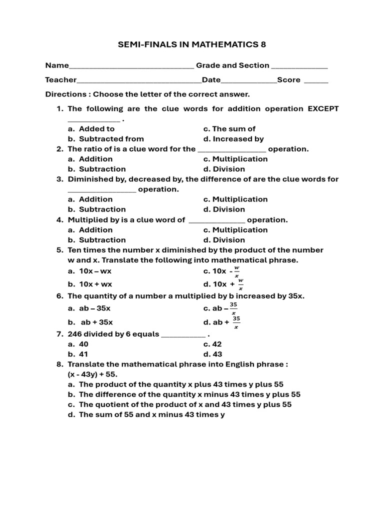 Mathematics 8 Semi-Finals Exam Guide | PDF | Cartesian Coordinate ...