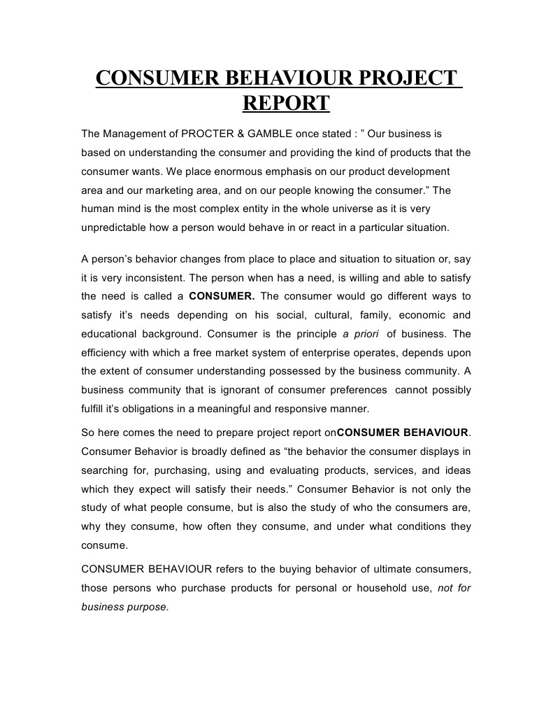 Consumer Behaviour Project Report Consumer Behaviour Business