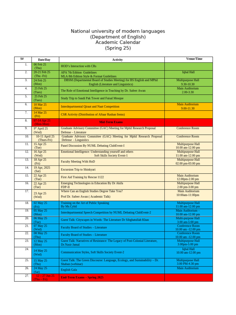 Academic Calender (English) S-25 | PDF | Cognition | Linguistics