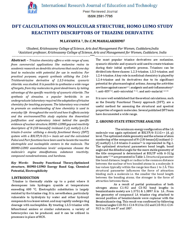 DFT Calculations On Molecular Structure, Homo Lumo Study Reactivity Descriptors of Triazine ...