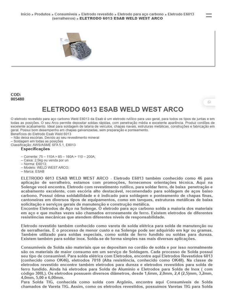 Eletrodo 6013 Esab Weld West Arco | PDF | Aço | Materiais